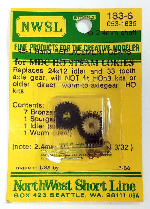 Northwest Short Line HO 183-6 45: 1 Ratio Replacement Gears for MDC HO