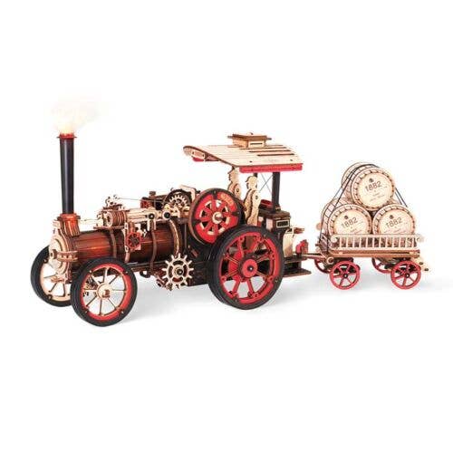 Robotime LKA01 Steam Engine (Tractor) with Trailer Kit, Motorized Mech